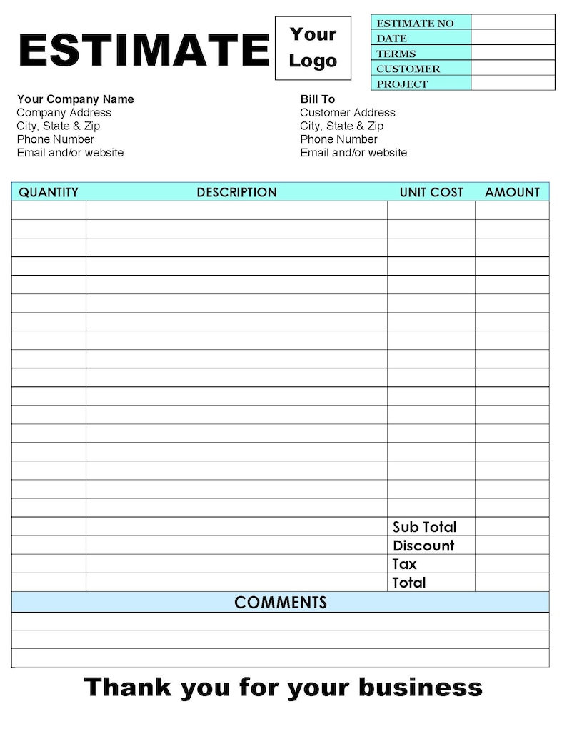 ESTIMATE-INVOICE Template | Dark-light Pink Aqua | Printable Form ...