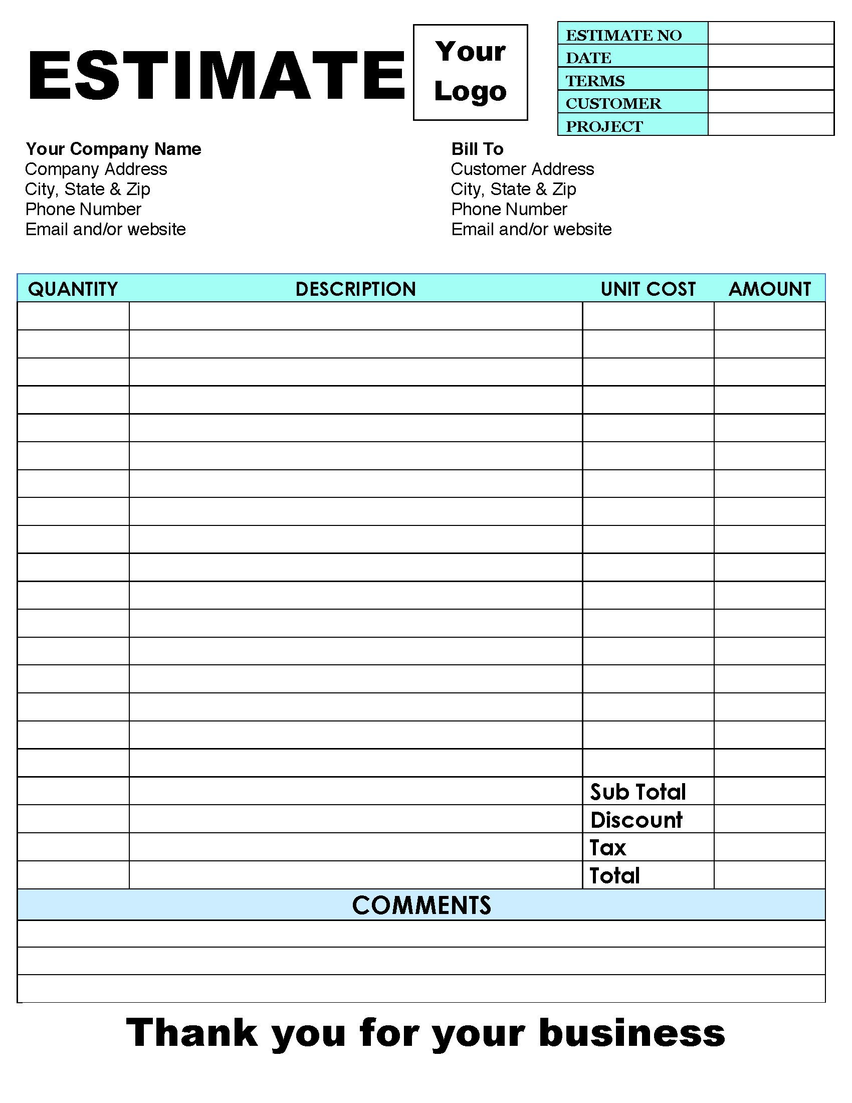 ESTIMATE-INVOICE Template | Dark-light Pink Aqua | Printable Form ...