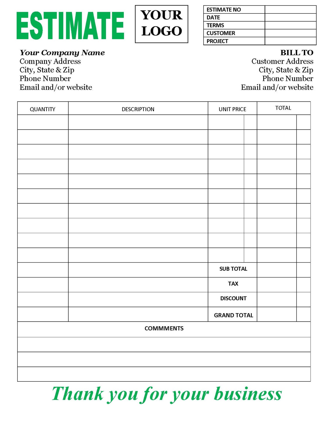 Estimate-invoice Template, Word, Estimate-invoice Form, Green ...