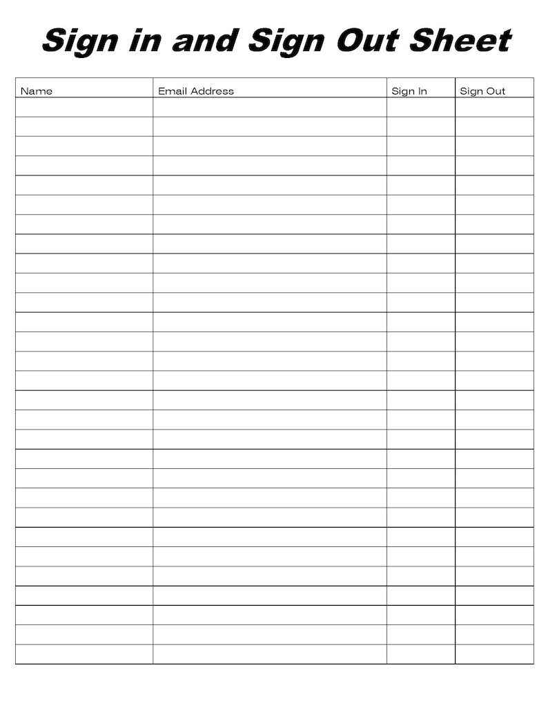 Sign in and Out Sheet , Printable Form, Digital File, Instant Download ...