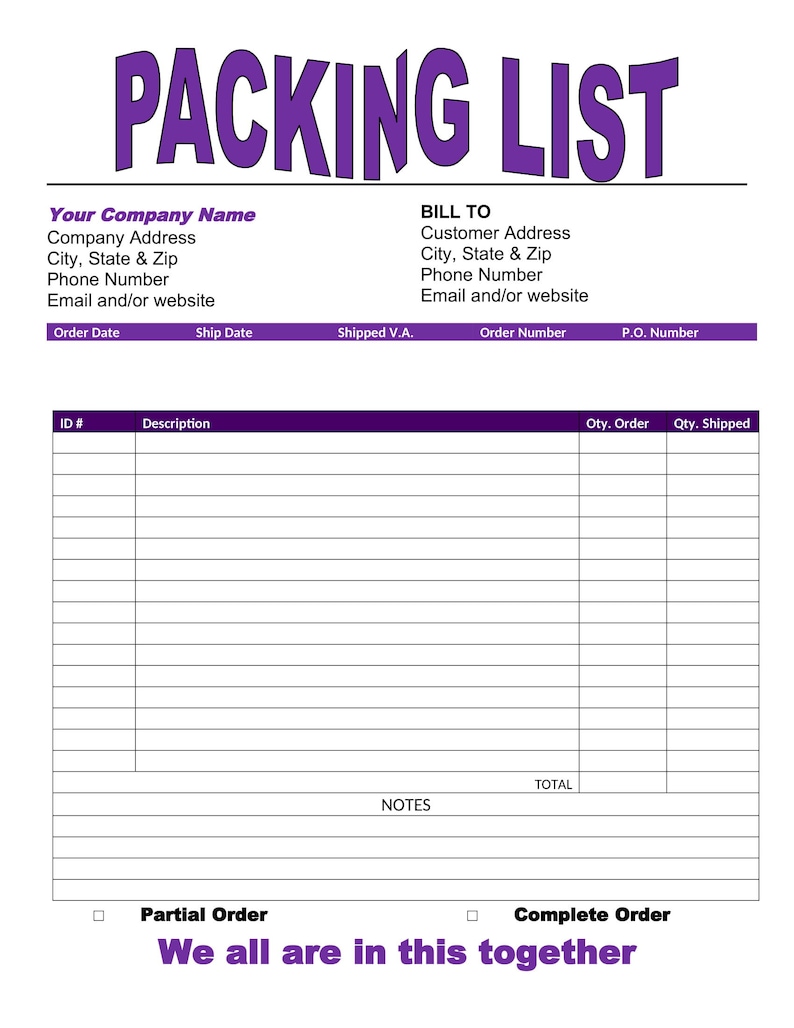 Purple Printable Packing List Template | Order Form (word Template) - Etsy