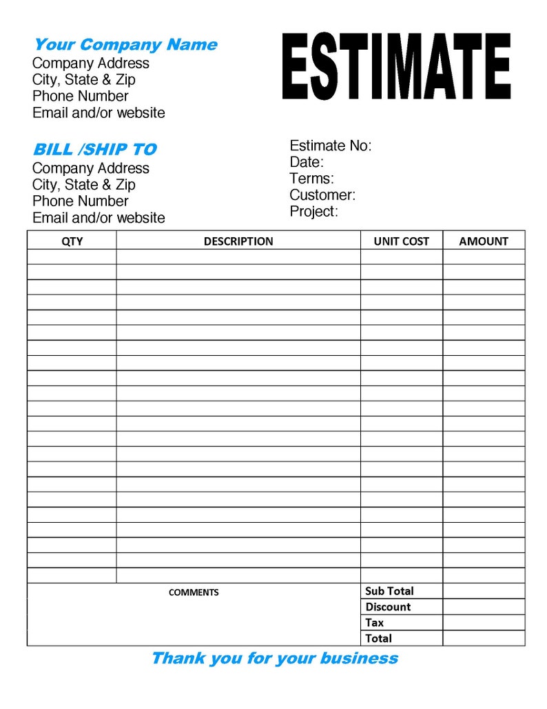 Estimate- Invoice Template | Printable Invoice | Business Form ...