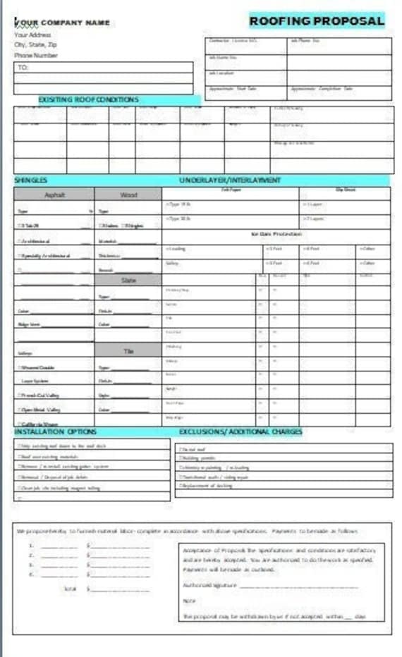 Roofing Proposal Templates PRINTABLE FORM 8.5 by 14 Legal | Etsy