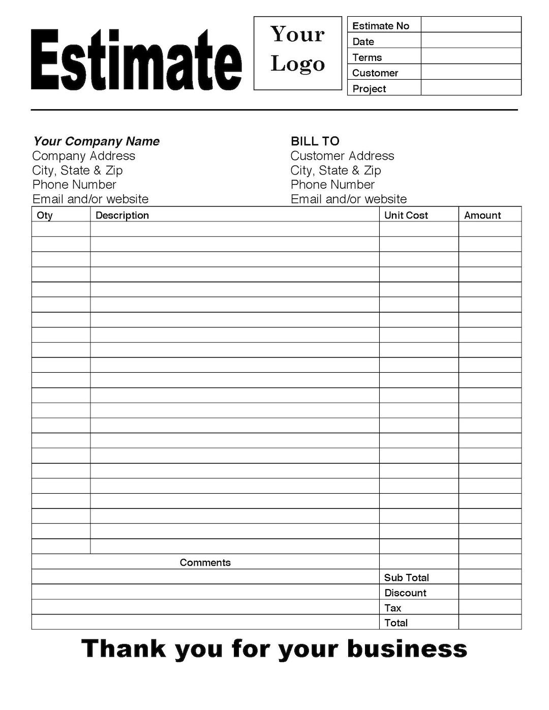 ESTIMATE-INVOICE Template | Black-white Documented | Printable Form ...