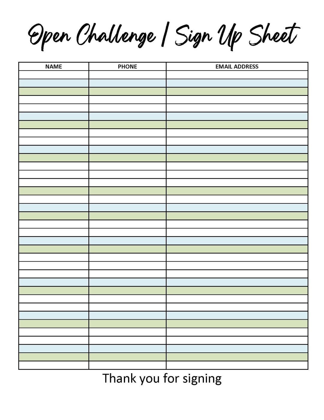 Sign up CHALLENGE Sheet | Digital | Instant Download 8.5x11 Template ...