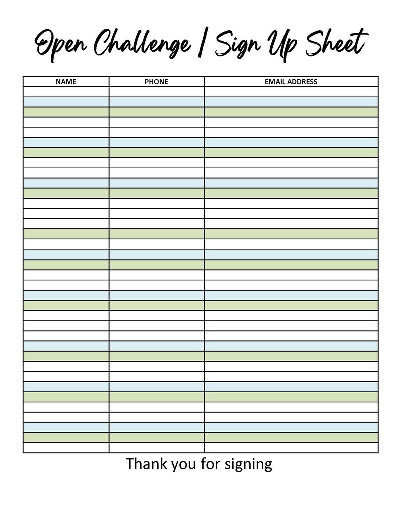 Sign up CHALLENGE Sheet Digital Instant Download 8.5x11 Template ...