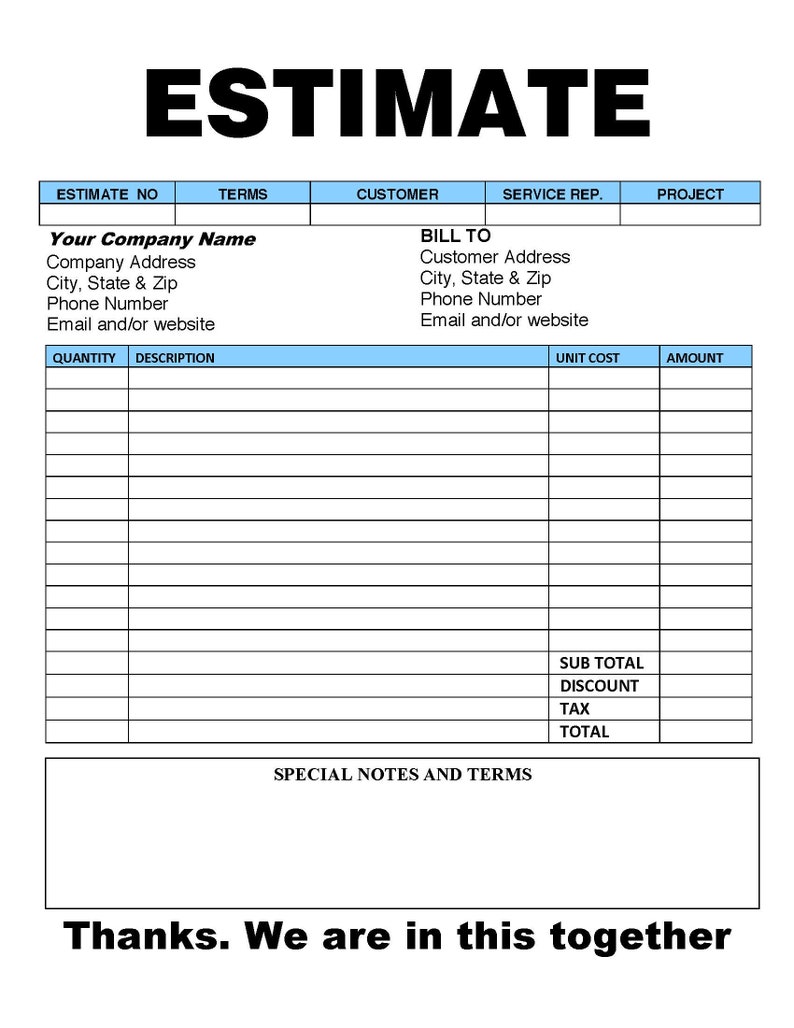 ESTIMATE INVOICE Template | Spring Sky Blue | Printable Form | Invoice ...