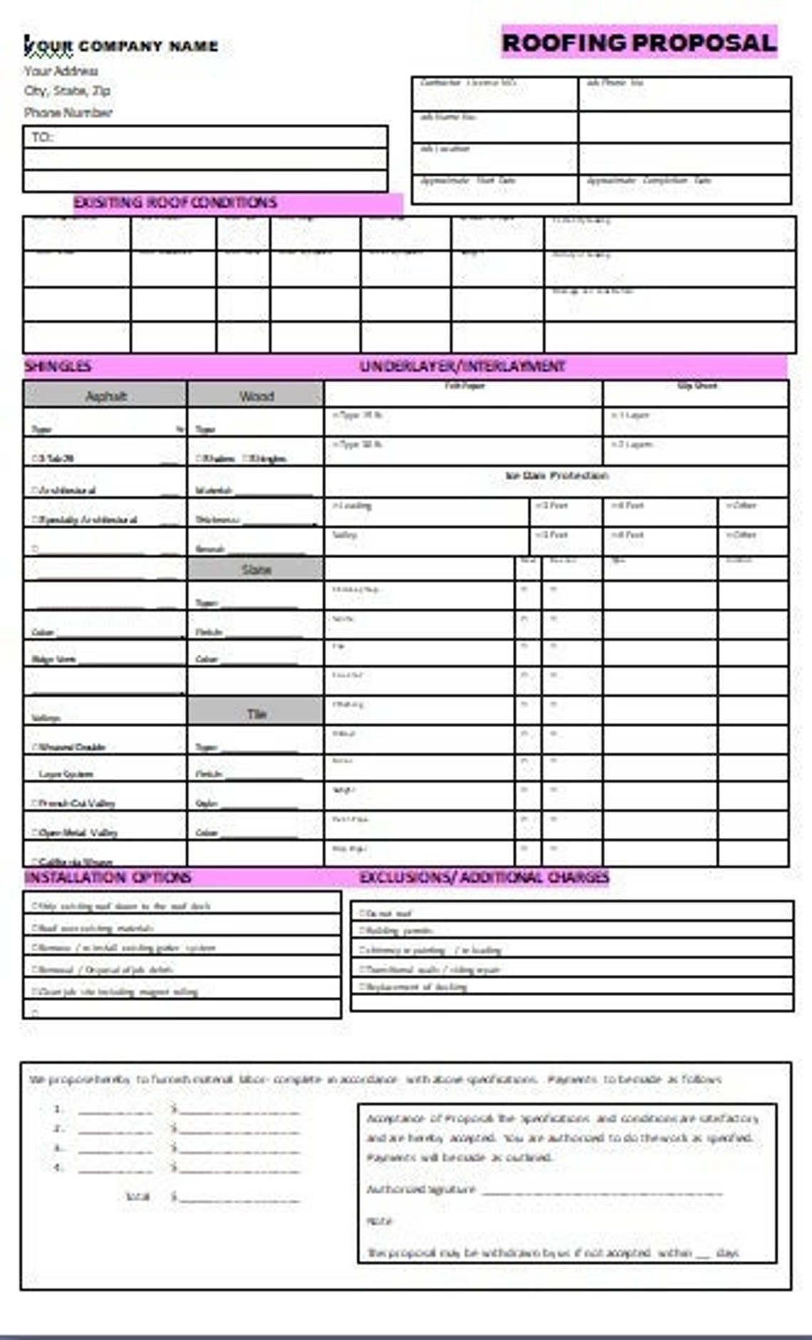 Roofing Proposal Templates | PRINTABLE FORM (8.5 by 14) Legal Document ...