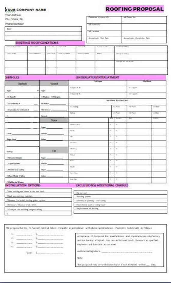 Roofing Proposal Templates PRINTABLE FORM 8.5 by 14 Legal - Etsy