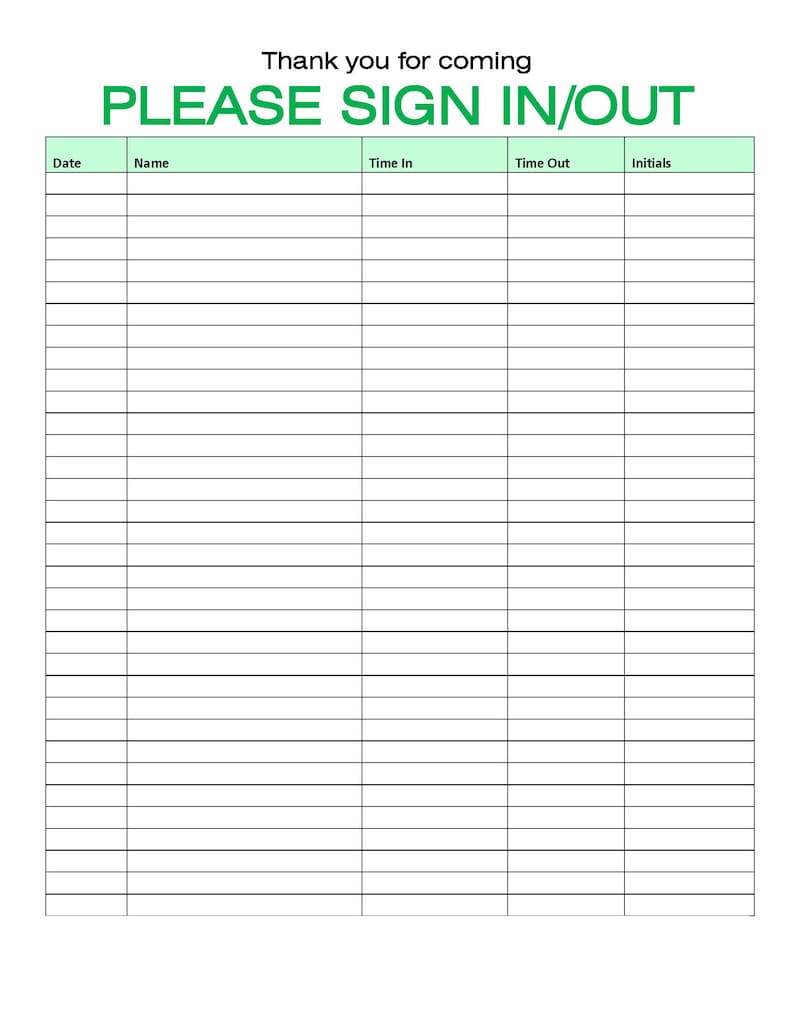 Sign in Sign Out Sheet Template - Printable Sign in and Sign Out Sheet ...