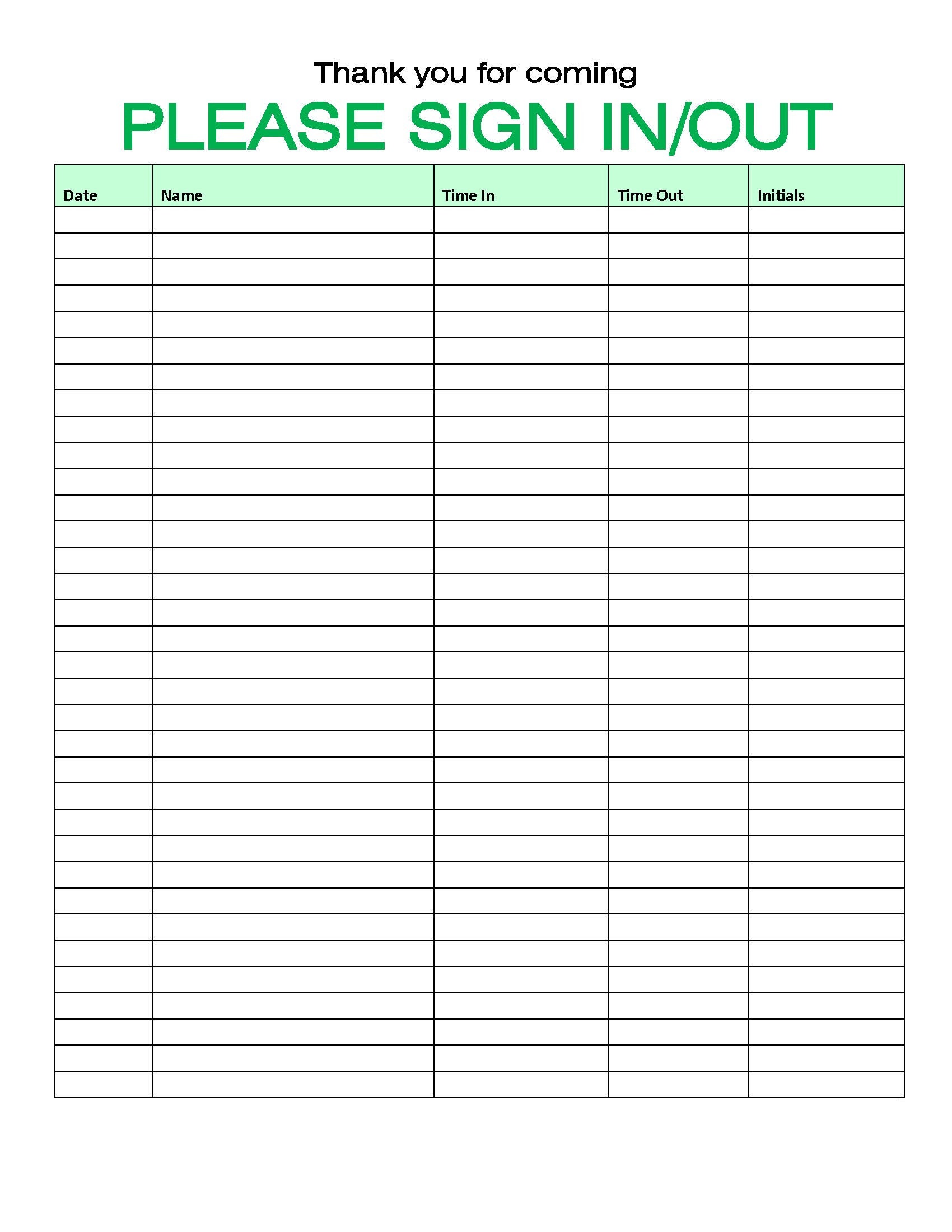 Sign in Sign Out Sheet Template - Printable Sign in and Sign Out Sheet ...