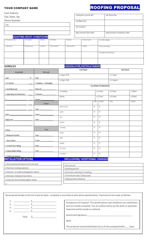 Roofing Proposal Templates PRINTABLE FORM 8.5 by 14 Legal - Etsy