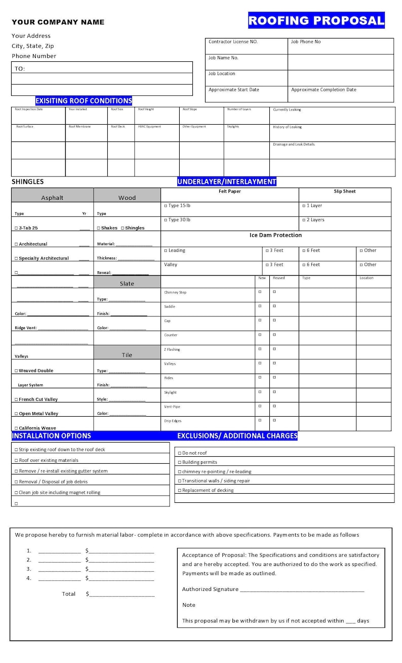 Roofing Proposal Templates | PRINTABLE FORM (8.5 by 14) Legal Document ...