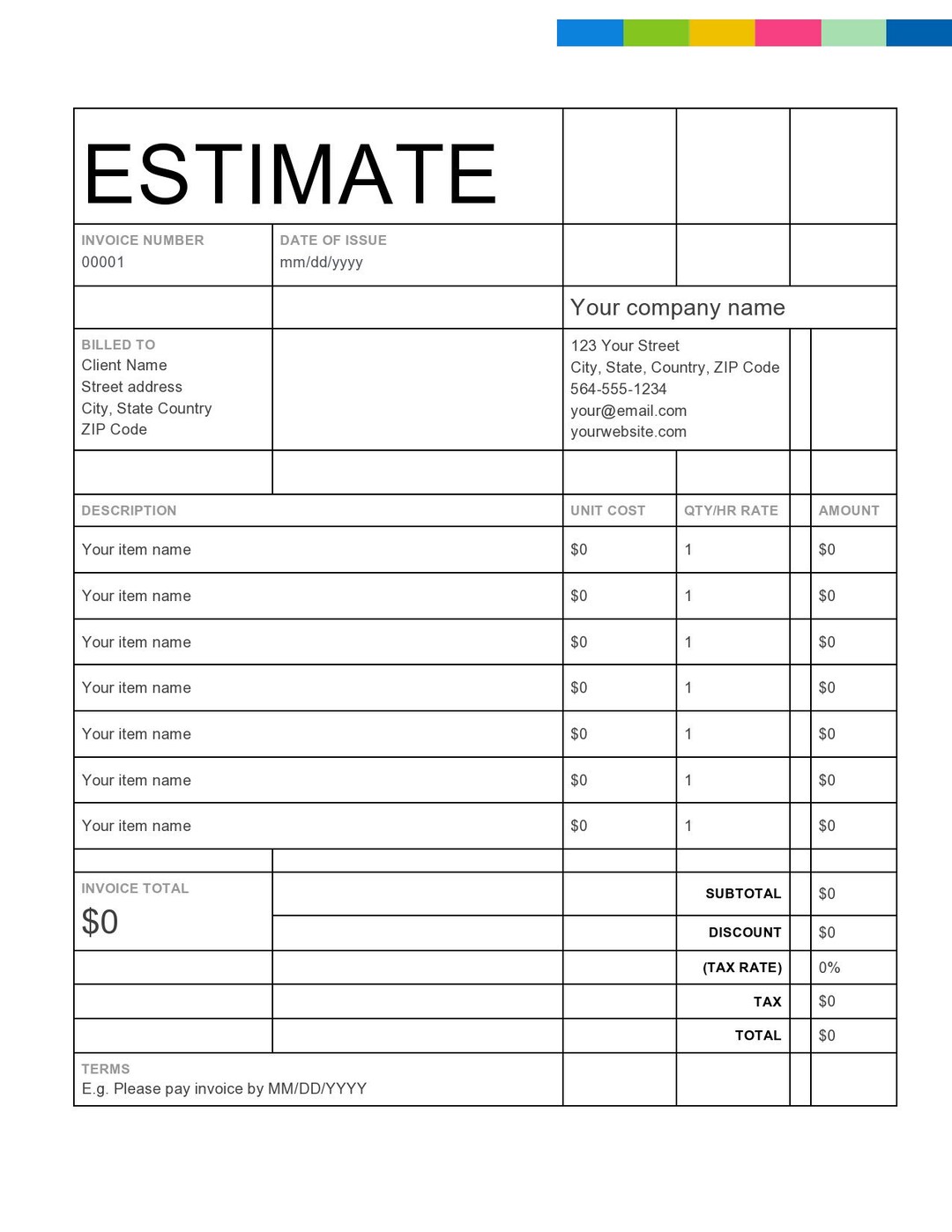 Printable Estimate-invoice Template - Business Form - Word, PDF ...
