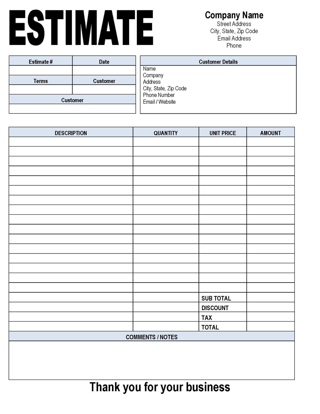 Estimate-invoice Template. Printable Business Estimate Form. Proposal ...