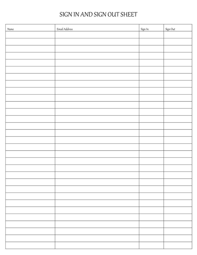 Sign in and Out Sheet Printable Form Digital File Instant | Etsy