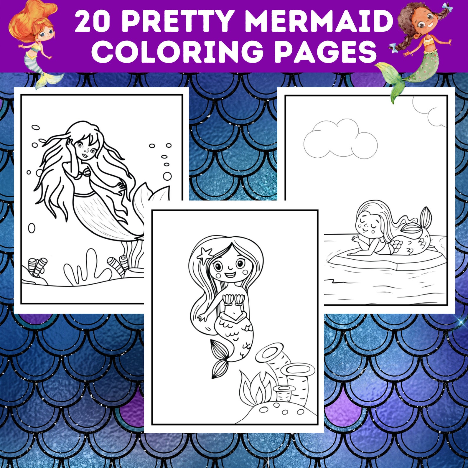 20 Pretty Mermaid Coloring Pages Bundle for Kids, Cute Mermaid Coloring ...
