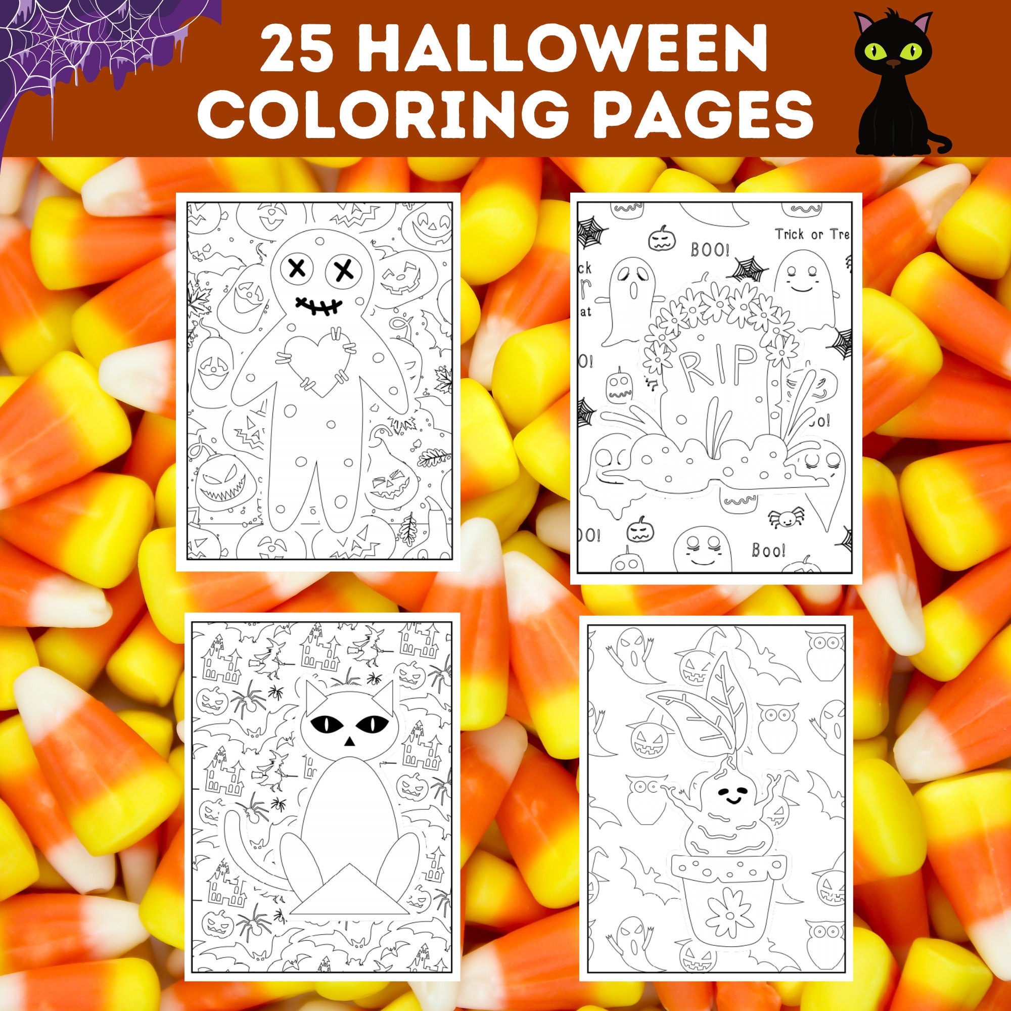 25 Kids Halloween Coloring Pages Bundle, Ghosts, Witches, Jackolanterns ...