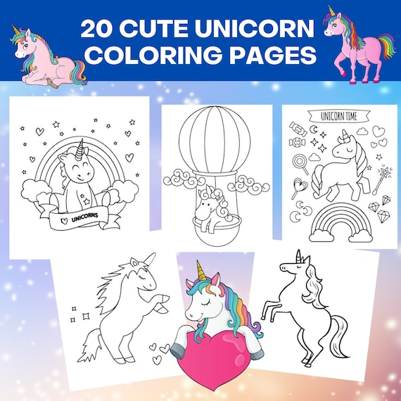 20 Printable Unicorn Coloring Pages Bundle Cute Unicorn | Etsy