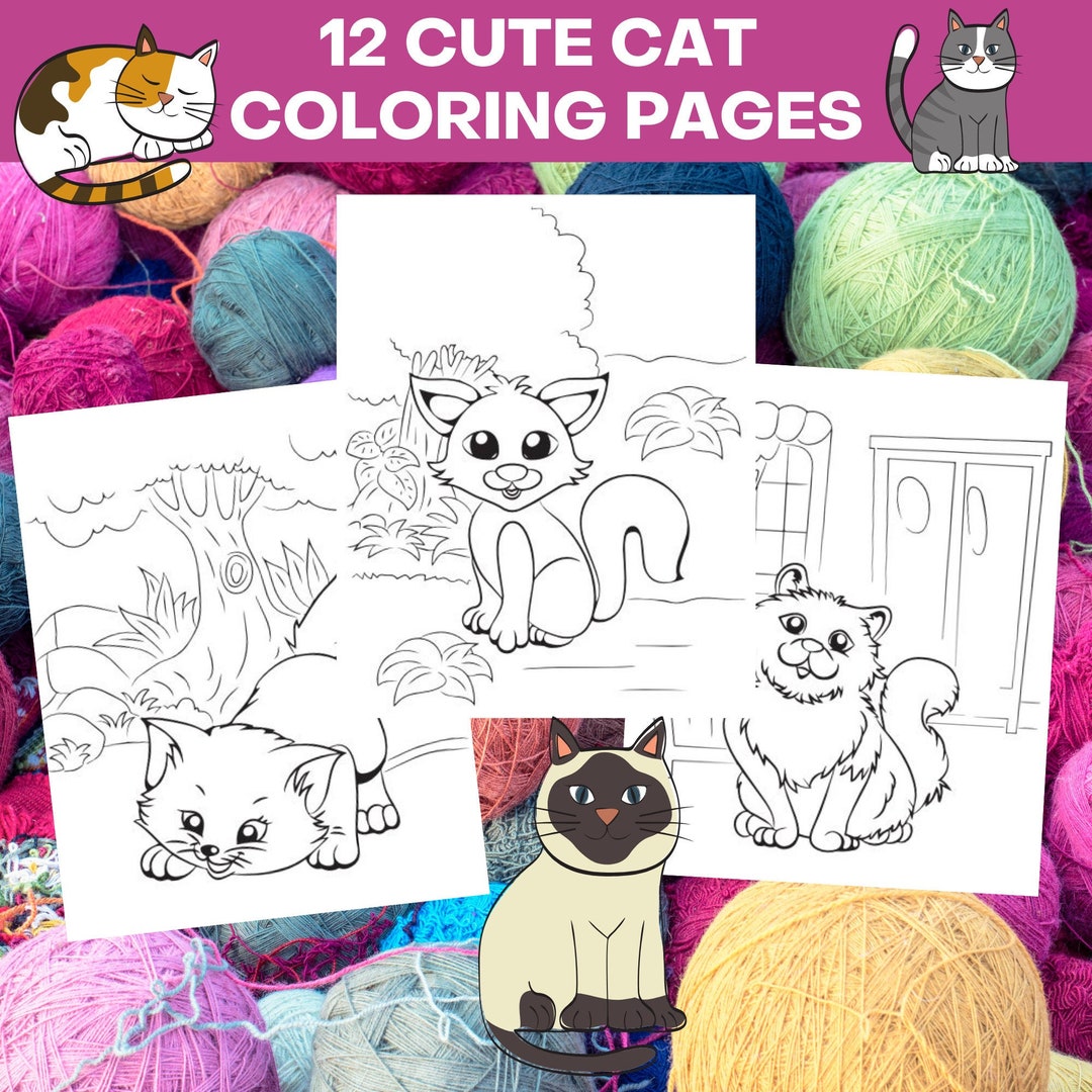12 Printable Cat Coloring Pages Bundle, Cute Cat Printable, Kitten ...