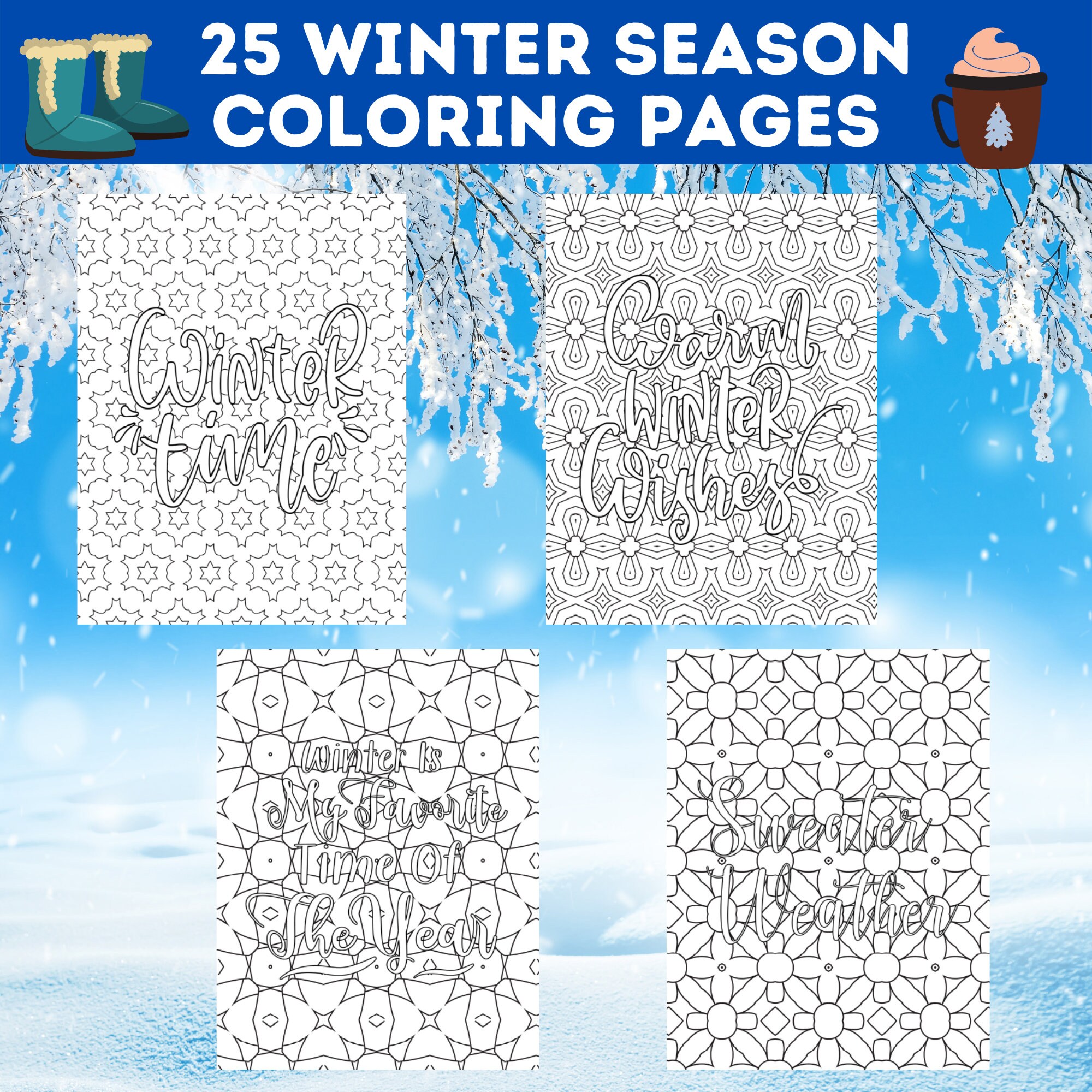 25 Winter Season Coloring Pages Bundle, I Love Winter Printable, Latte ...