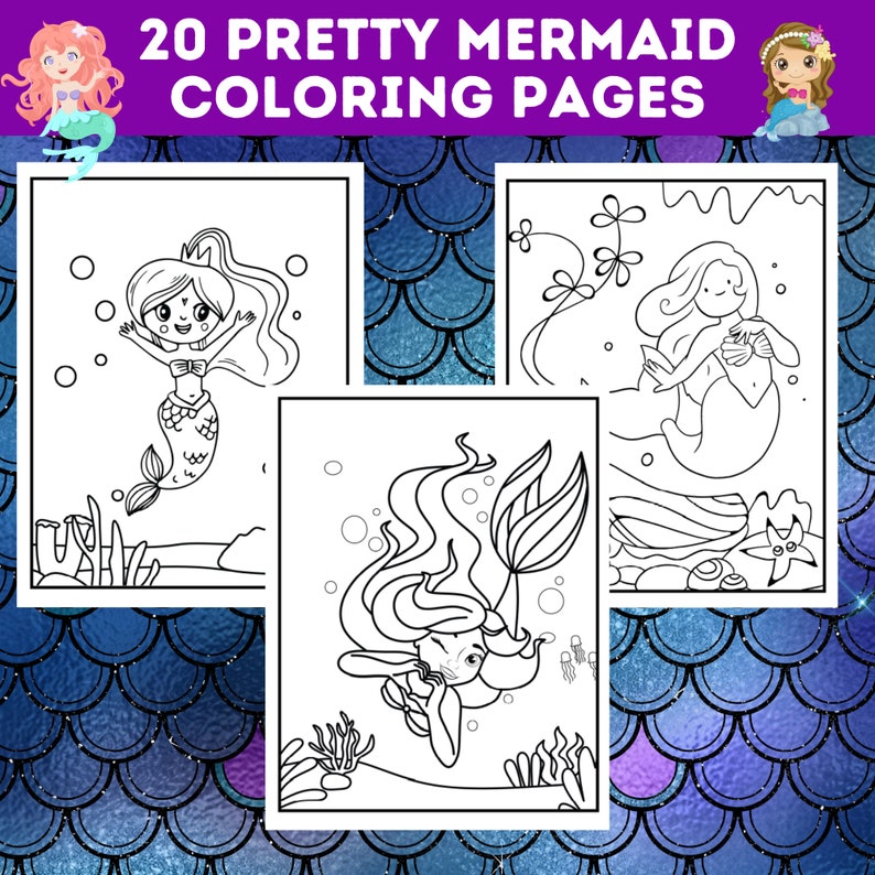 20 Pretty Mermaid Coloring Pages Bundle for Kids, Cute Mermaid Coloring ...