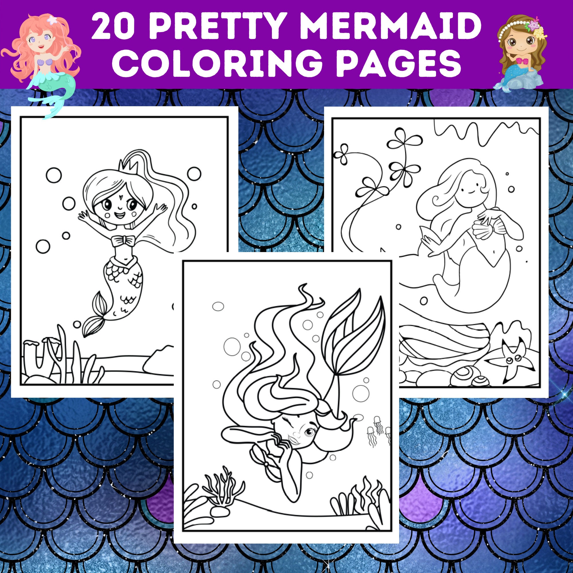 20 Pretty Mermaid Coloring Pages Bundle for Kids, Cute Mermaid Coloring ...
