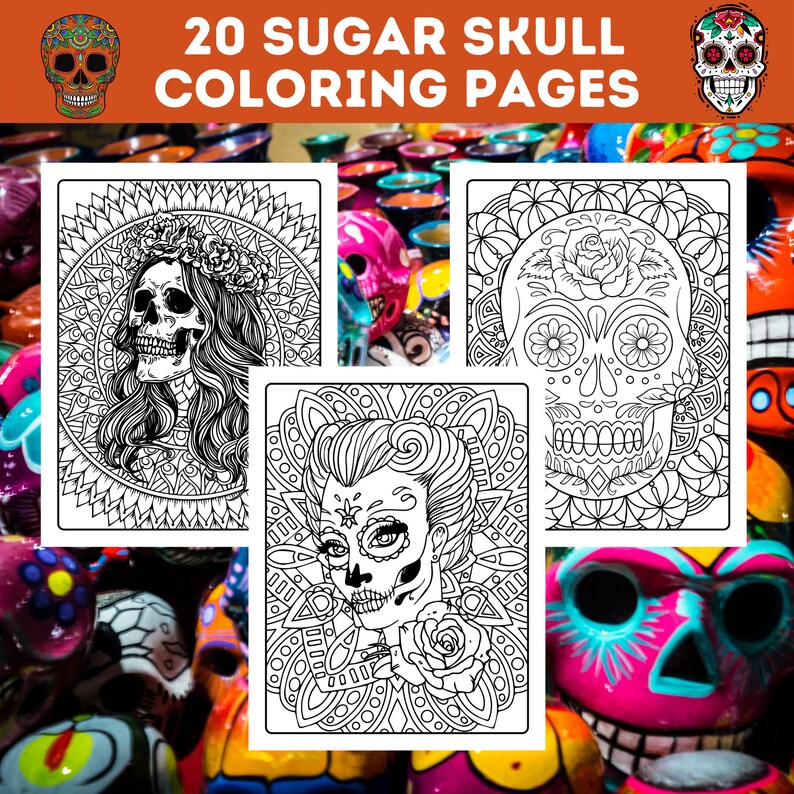 20 Sugar Skull Zentangle Coloring Pages Bundle, Sugar Skull Coloring ...