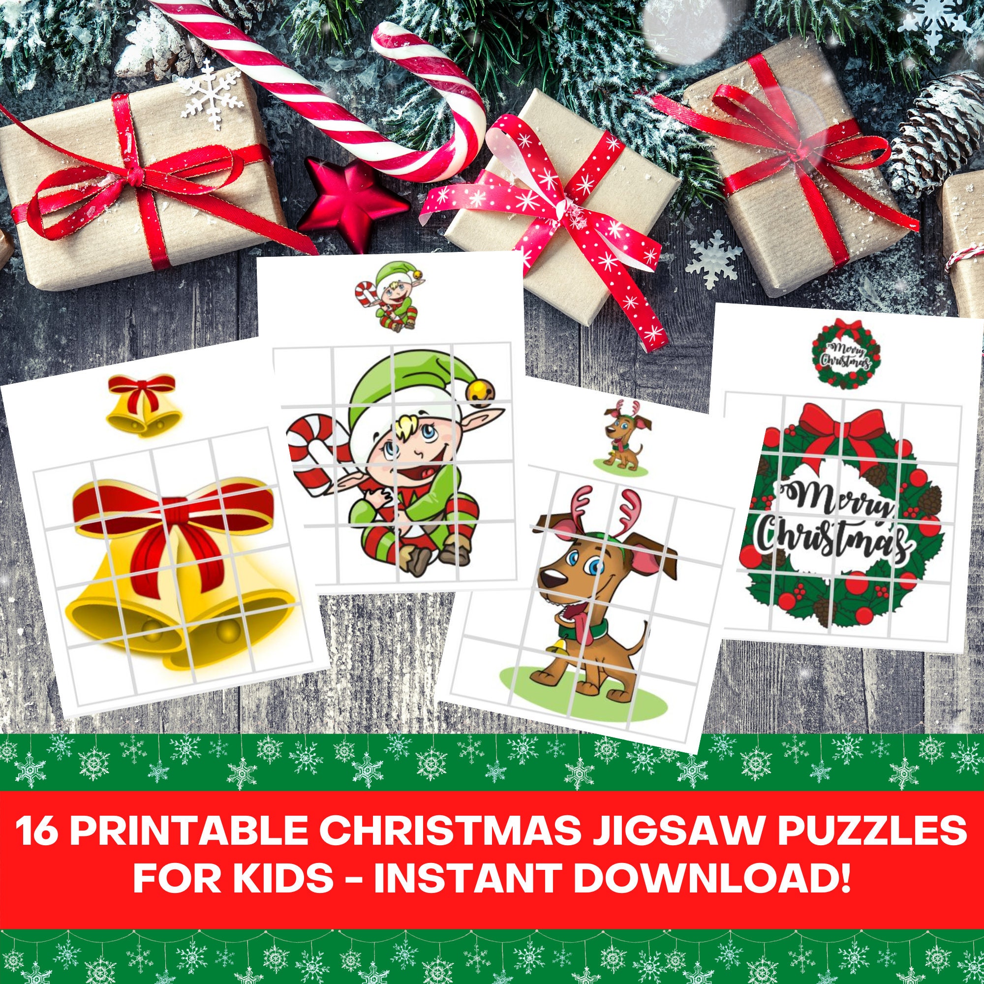 16 Printable Christmas Jigsaw Puzzles Bundle, Each Jigsaw Has 16 Pieces ...