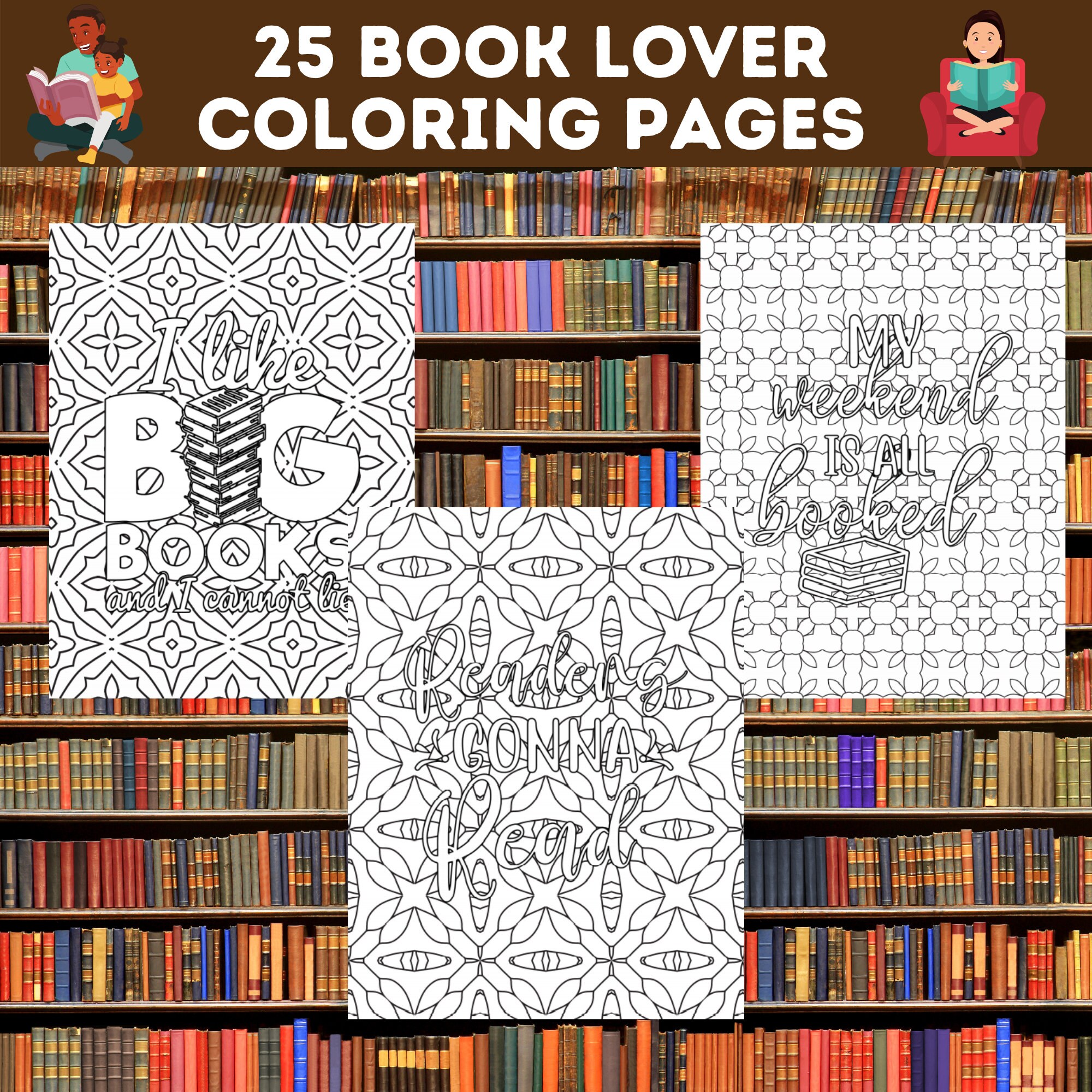 25 Book Lover Coloring Pages Bundle, I Love to Read Books Printable ...