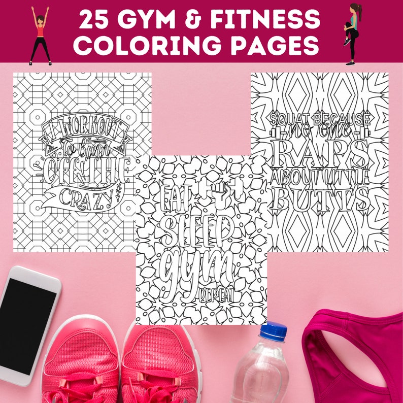 25 Printable Gym and Fitness Coloring Pages Bundle, Funny and ...
