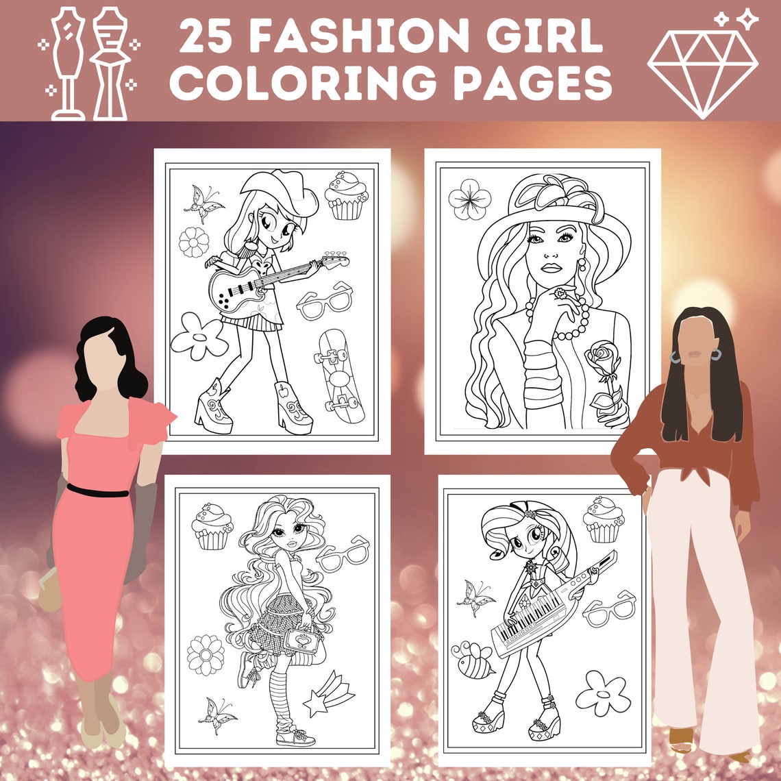 25 Fashion Girl Coloring Pages Bundle, Fashionista Girl Printables ...