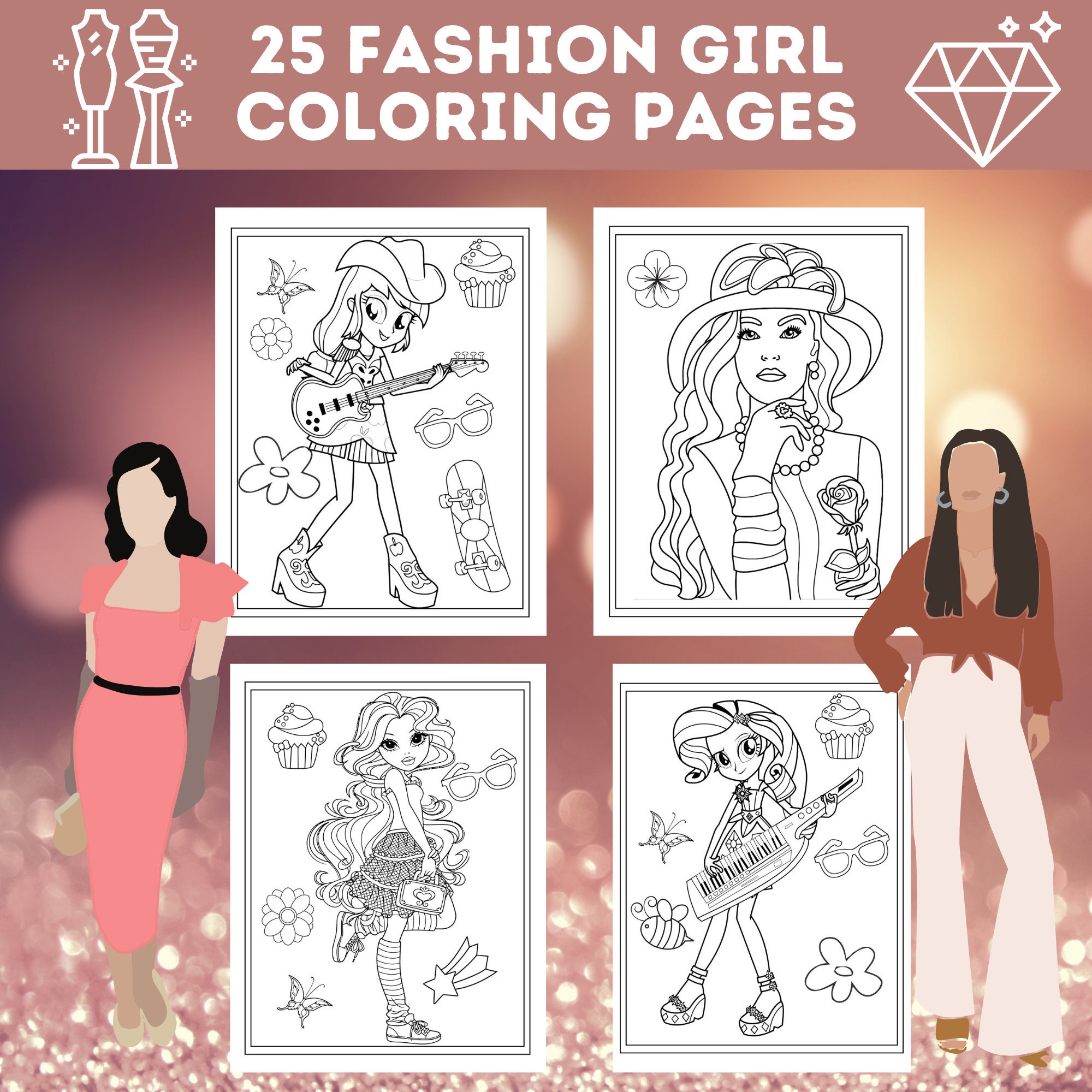 25 Fashion Girl Coloring Pages Bundle, Fashionista Girl Printables ...