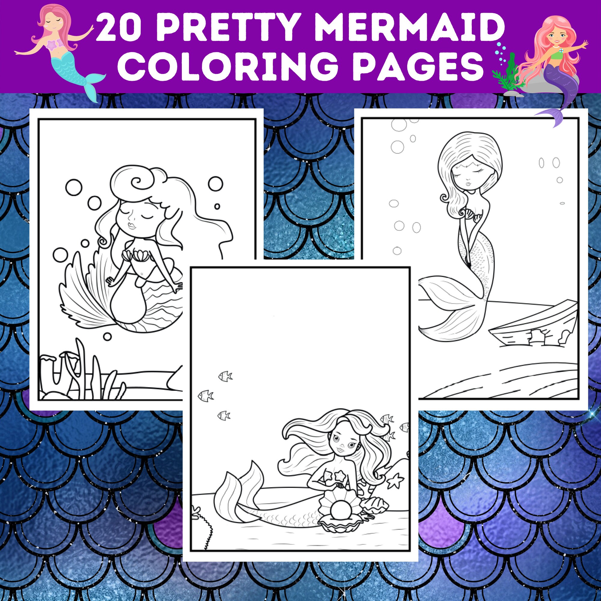 20 Pretty Mermaid Coloring Pages Bundle for Kids, Cute Mermaid Coloring ...