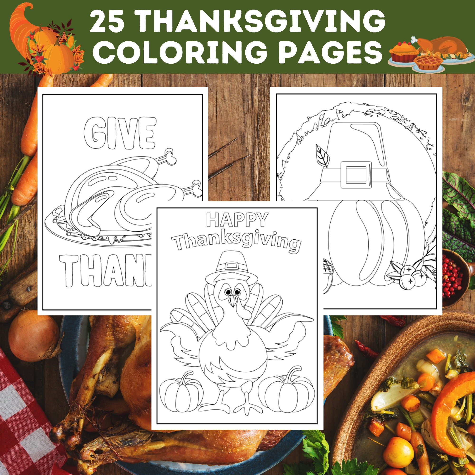 25 Thanksgiving Coloring Page Bundle, Thanksgiving Holiday Give Thanks ...