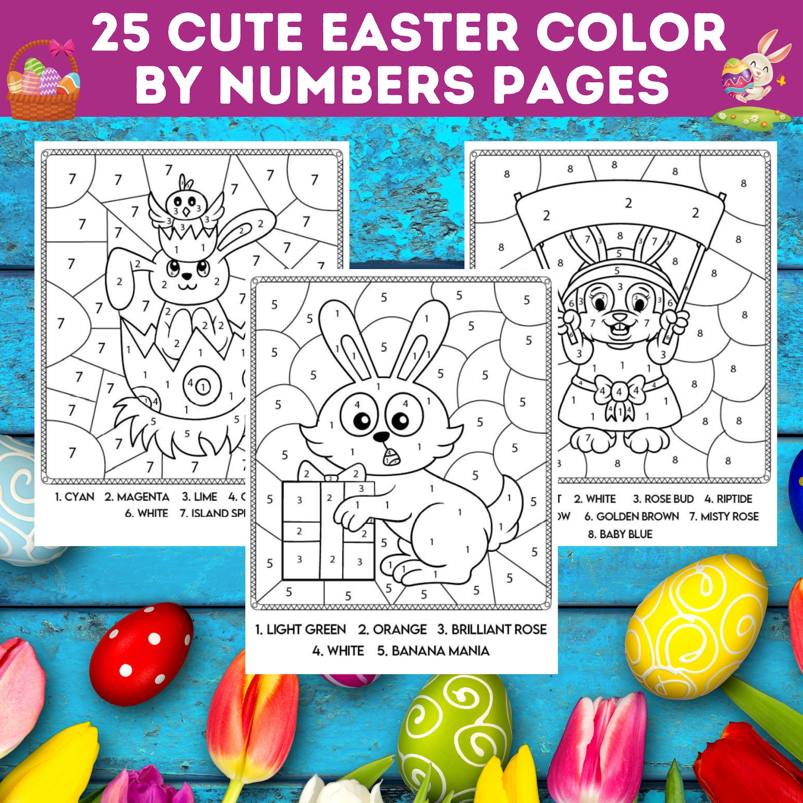 25 Cute Easter Color by Number Coloring Page Bundle, Kids Easter ...