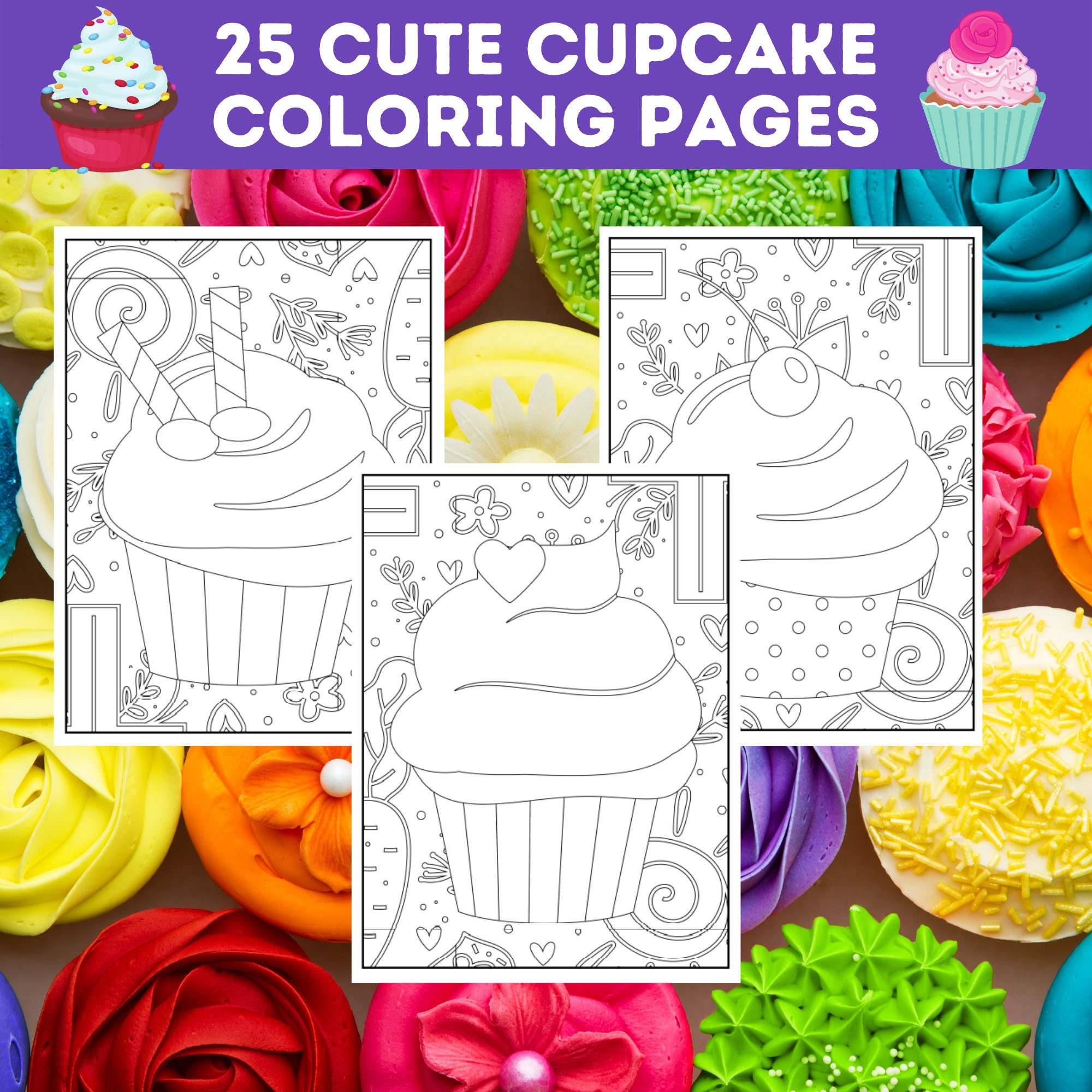 25 Cute Cupcake Coloring Pages Bundle, Sweets, Desserts, Cupcakes to ...