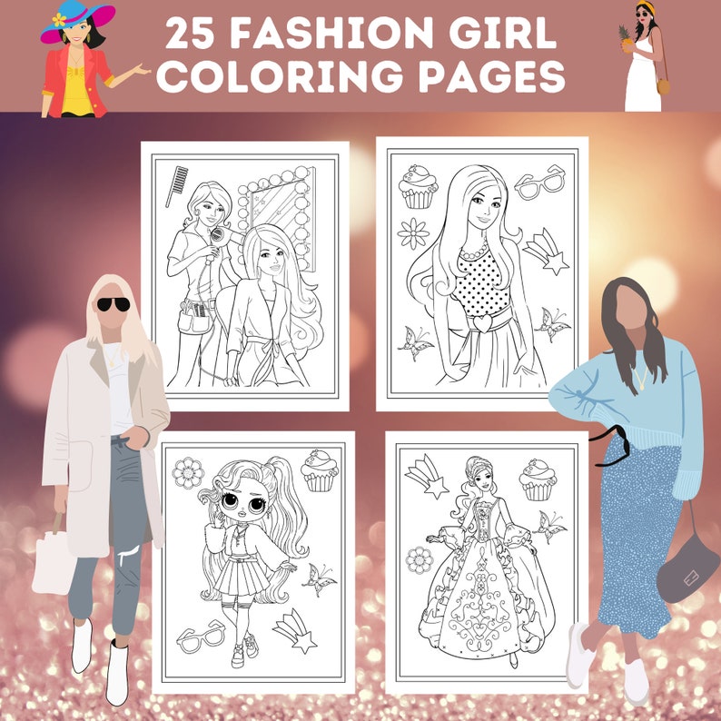 25 Fashion Girl Coloring Pages Bundle, Fashionista Girl Printables ...