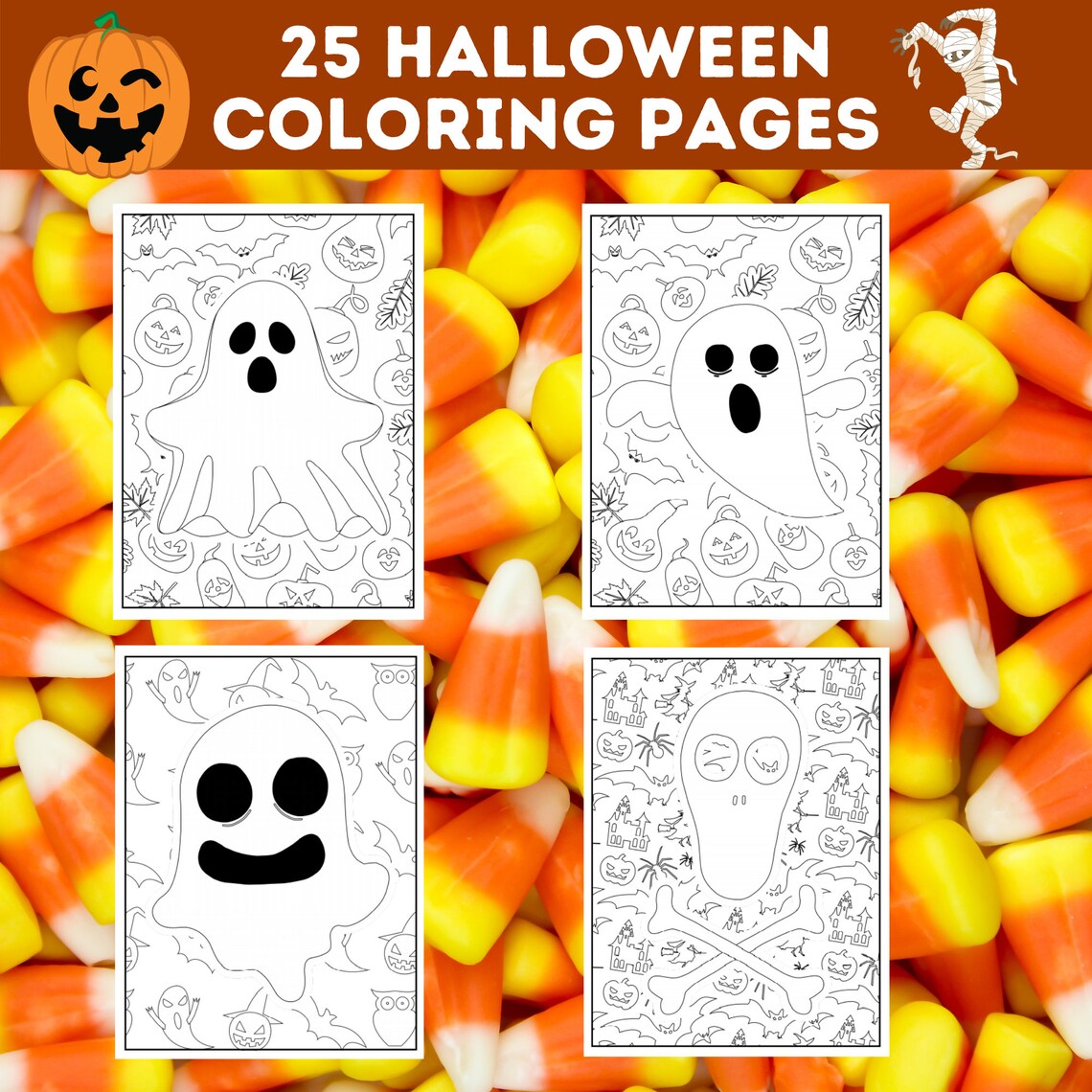 25 Kids Halloween Coloring Pages Bundle, Ghosts, Witches, Jackolanterns ...