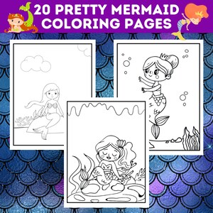 20 Pretty Mermaid Coloring Pages Bundle for Kids, Cute Mermaid Coloring ...
