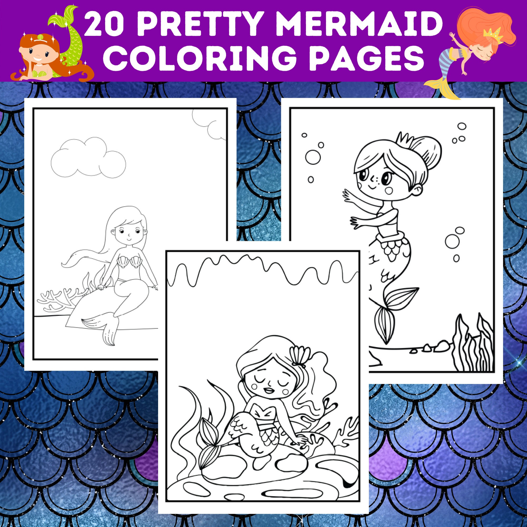 20 Pretty Mermaid Coloring Pages Bundle for Kids, Cute Mermaid Coloring ...