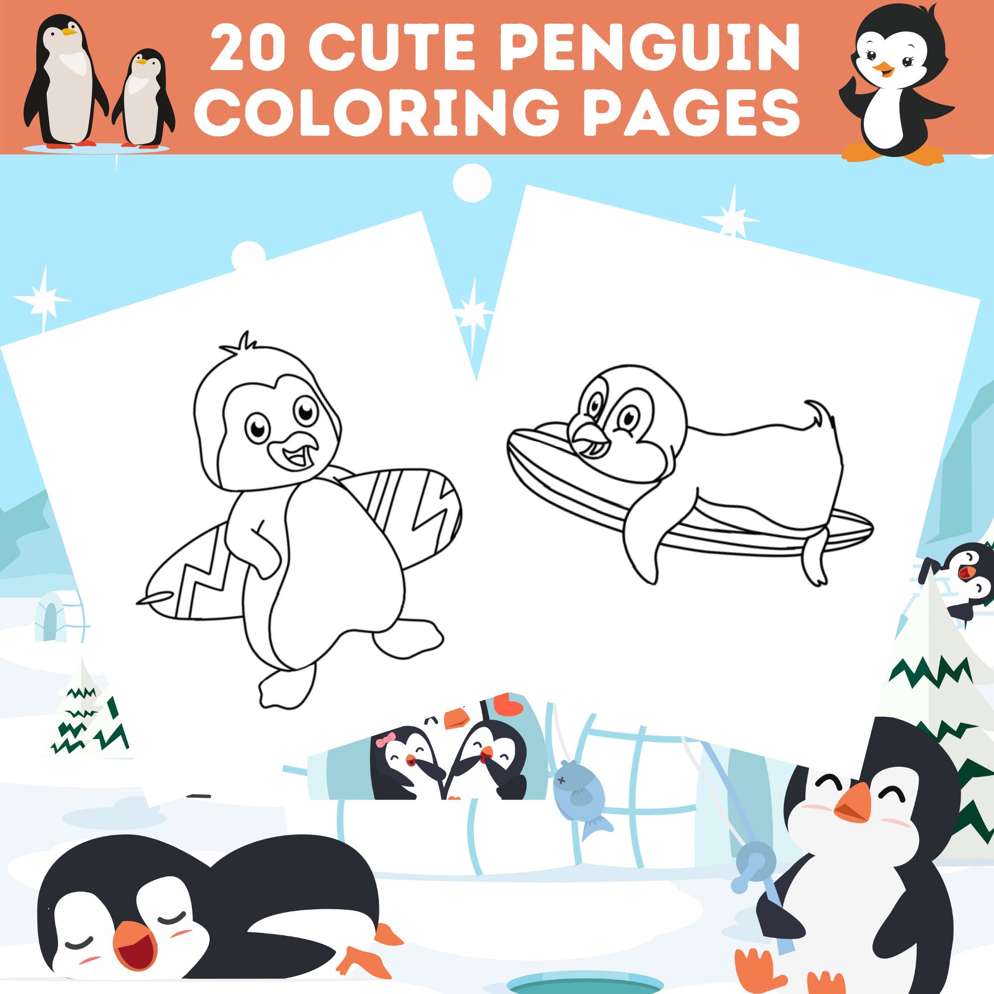 20 Cute Penguin Coloring Pages Bundle, Adorable Penguins to Color, Kids ...