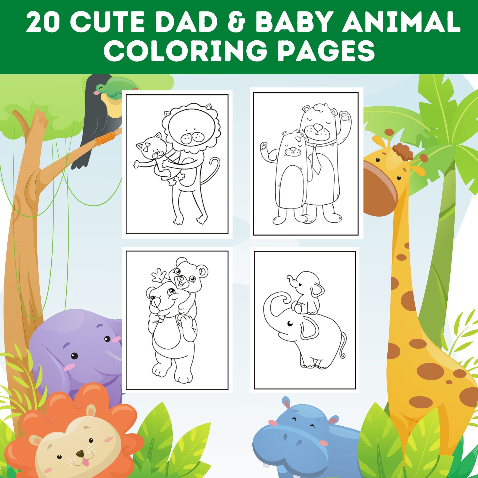 20 Cute Dad and Baby Animal Coloring Pages Bundle, Cute Baby Animal ...