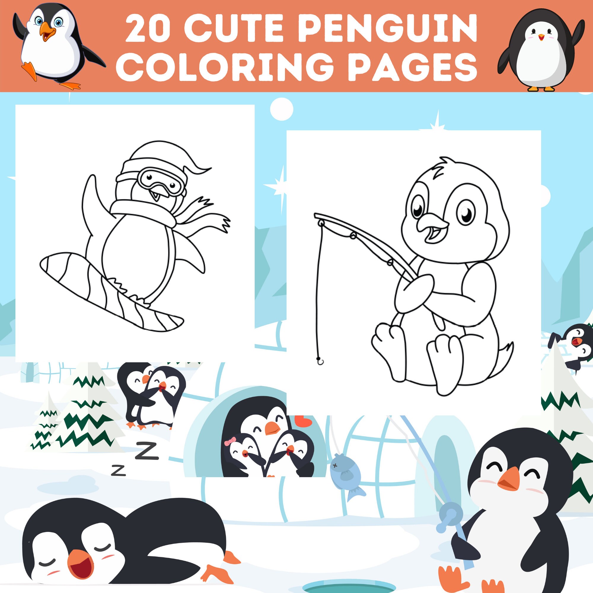 20 Cute Penguin Coloring Pages Bundle Adorable Penguins to - Etsy