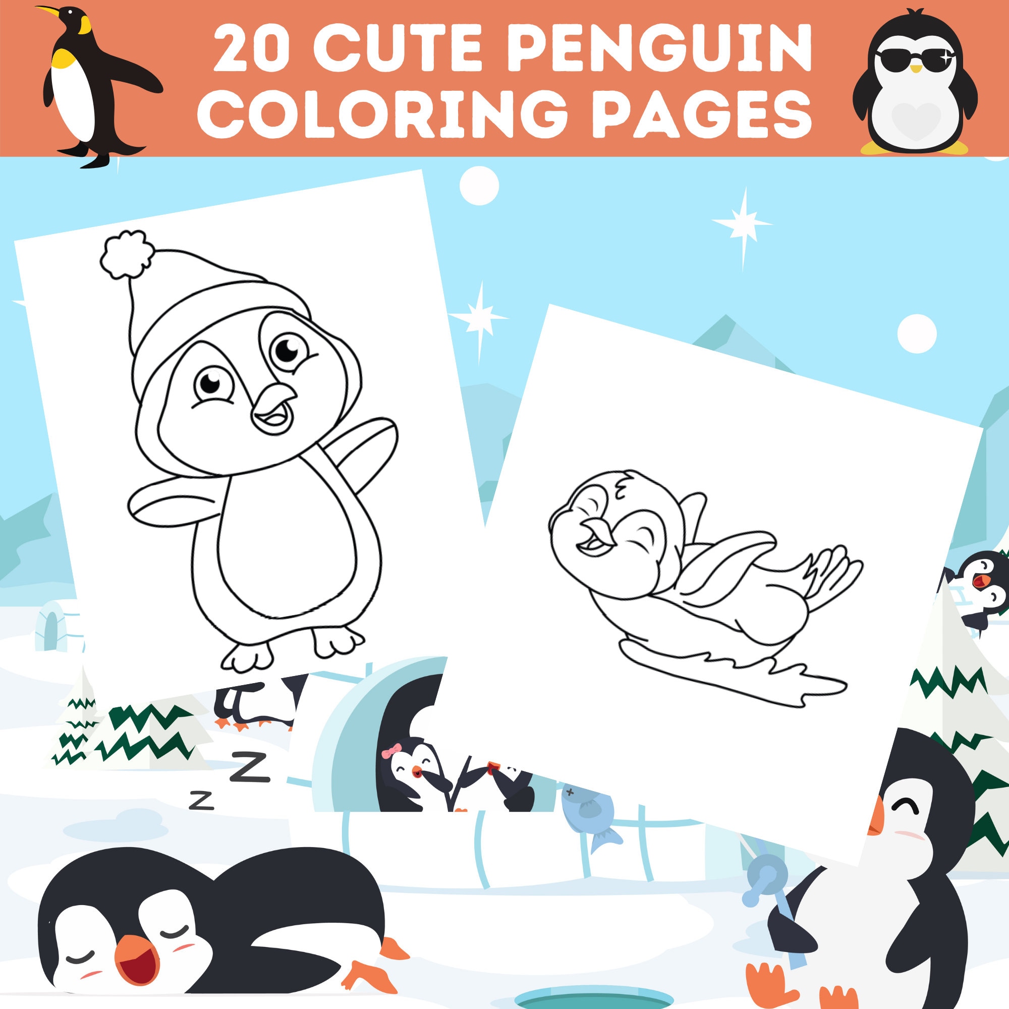 20 Cute Penguin Coloring Pages Bundle, Adorable Penguins to Color, Kids ...