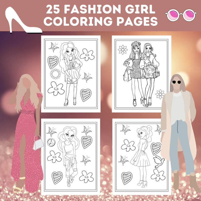 25 Fashion Girl Coloring Pages Bundle, Fashionista Girl Printables ...