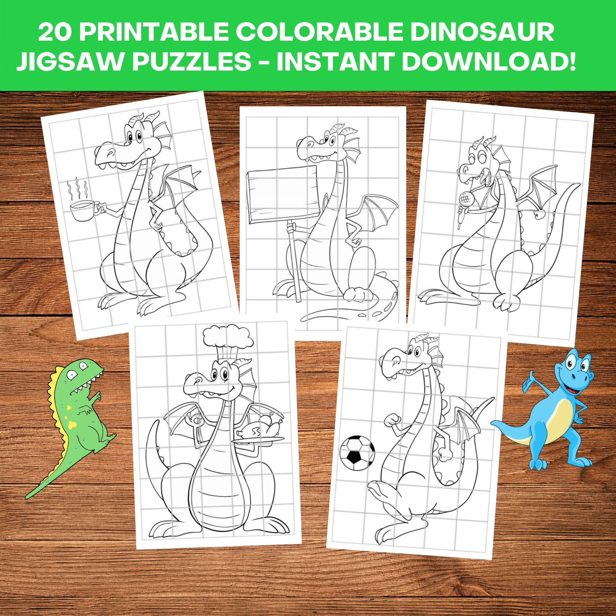 20 Printable Colorable Dinosaur Jigsaw Puzzles Bundle, Each Jigsaw Has ...