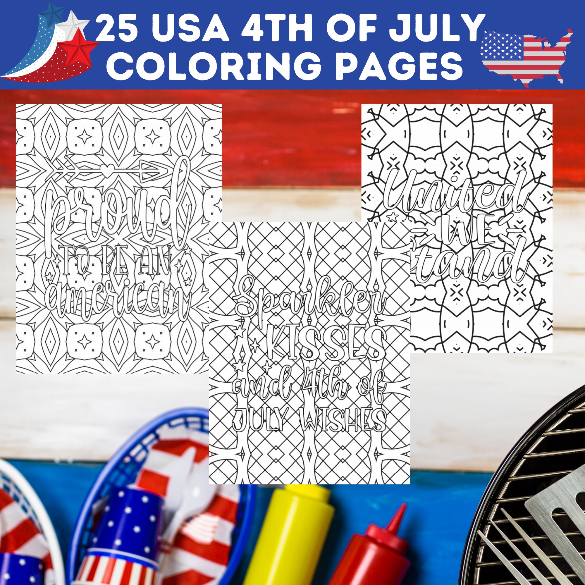 25 USA Patriotic 4th of July Coloring Pages Bundle, Fourth of July ...