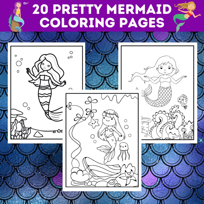 20 Pretty Mermaid Coloring Pages Bundle for Kids, Cute Mermaid Coloring ...