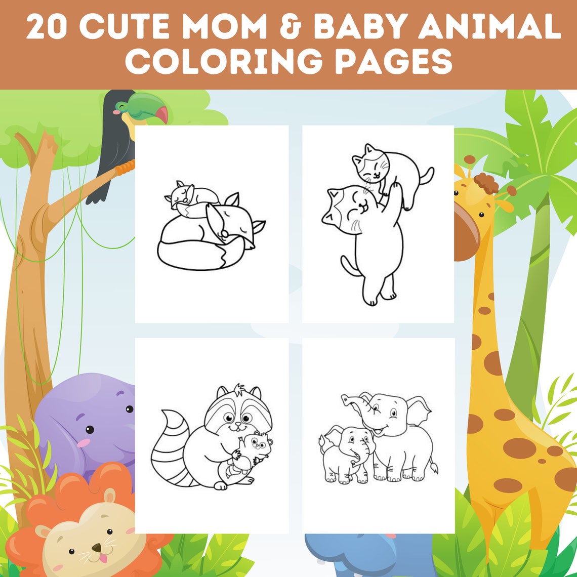 20 Cute Mom and Baby Animal Coloring Pages Bundle, Cute Baby Animal ...
